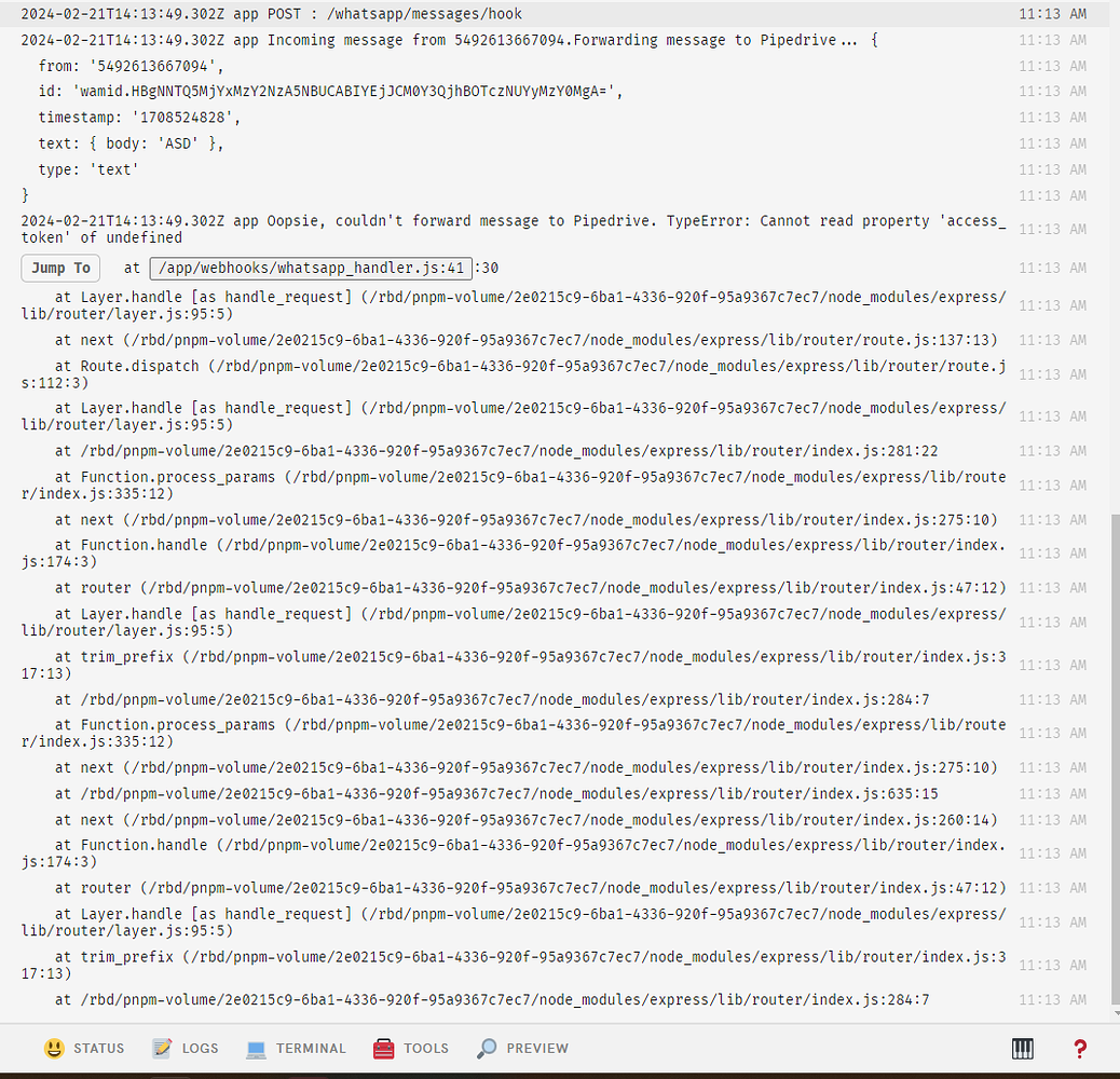 WhatsApp channel integration via GLITCH (help) - App Development - Pipedrive Developers' Community