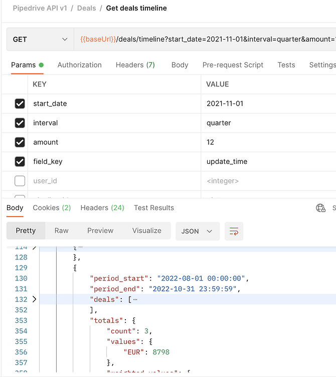 Get deals timeline | /v1/deals/timeline | example parAMS - API - Pipedrive Developers' Community