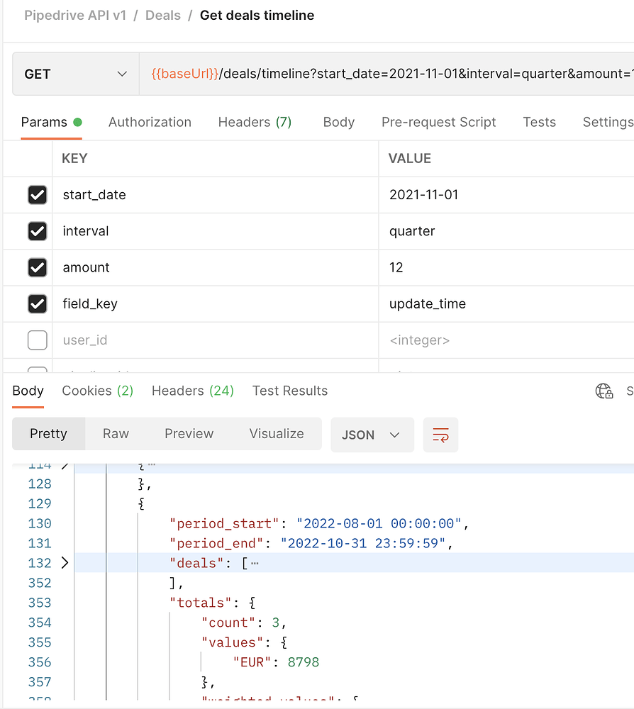 Get deals timeline | /v1/deals/timeline | example parAMS - API - Pipedrive Developers' Community