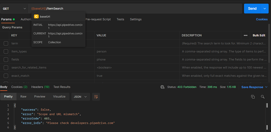 ItemSearch return 403 "Scope and URL mismatch - API - Pipedrive Developers' Community