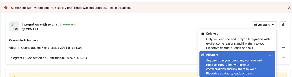 Visibility preference for integration - App Development - Pipedrive Developers' Community