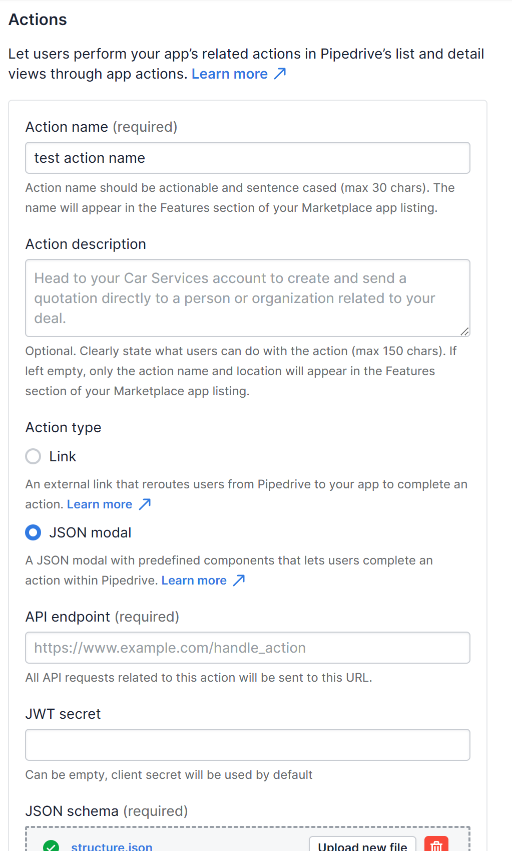 Sample JSON Schema And API Endpoint App Development Pipedrive Developers Community