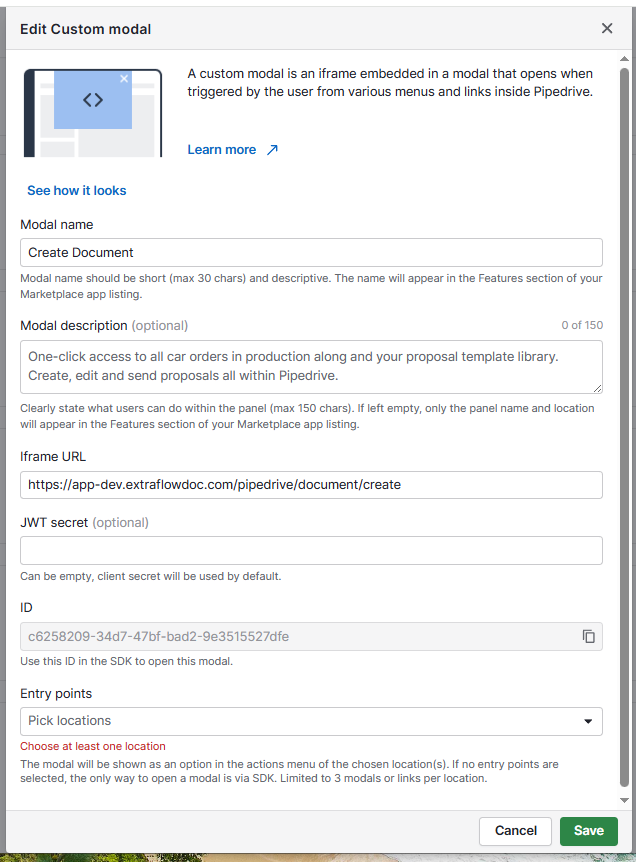 Issue with Custom Modal (Entry Point) - App Development - Pipedrive Developers' Community